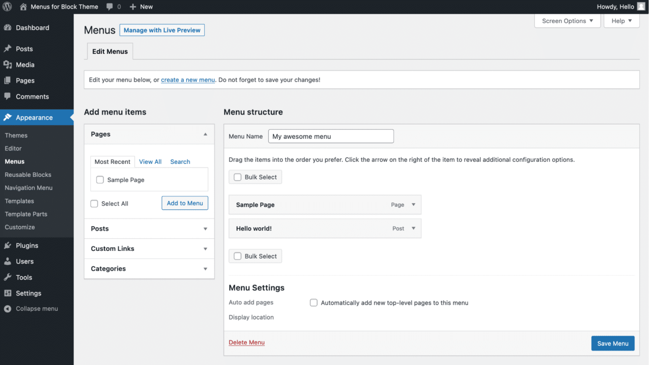 Menus for Block Theme : retrouvez l'onglet Apparence > Menu